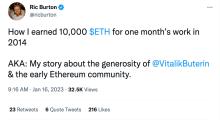 Ric Burton got 10k ETH from Buterin for a month of work in 2014