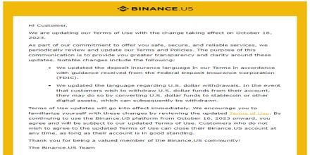Binance.US detiene los retiros de USD, ya no tiene USD: nuevos términos de servicio