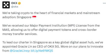 OKX Singapore Secures MPI License and Appoints Lin as CEO
