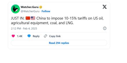 중국, 미국산 원유·농업 장비·석탄·LNG에 10~15% 관세 부과 – 로이터