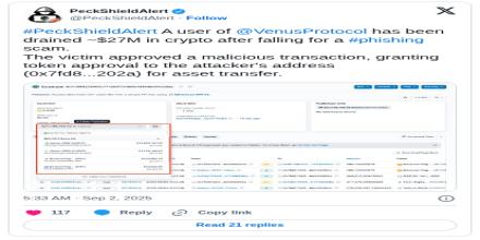 Trader de Venus Protocol pierde $30 millones tras error garrafal, confirma Cyvers