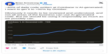 Coinbase avanza hacia código mayoritariamente generado por IA