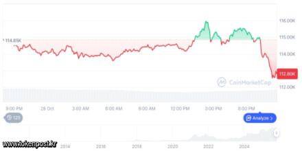 [모닝 시세브리핑] 암호화폐 시장 하락세… 비트코인 112,824달러, 이더리움 3,987달러