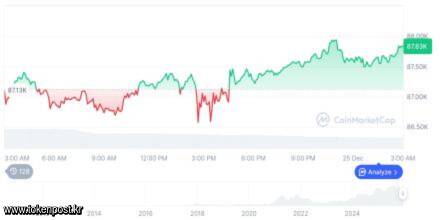 [오후 시세브리핑] 암호화폐 시장 혼조세… 비트코인 87,841달러, 이더리움 2,951달러