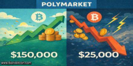Apostadores en Polymarket ven probabilidades casi iguales para que Bitcoin suba a USD $150.000 o caiga a USD $25.000